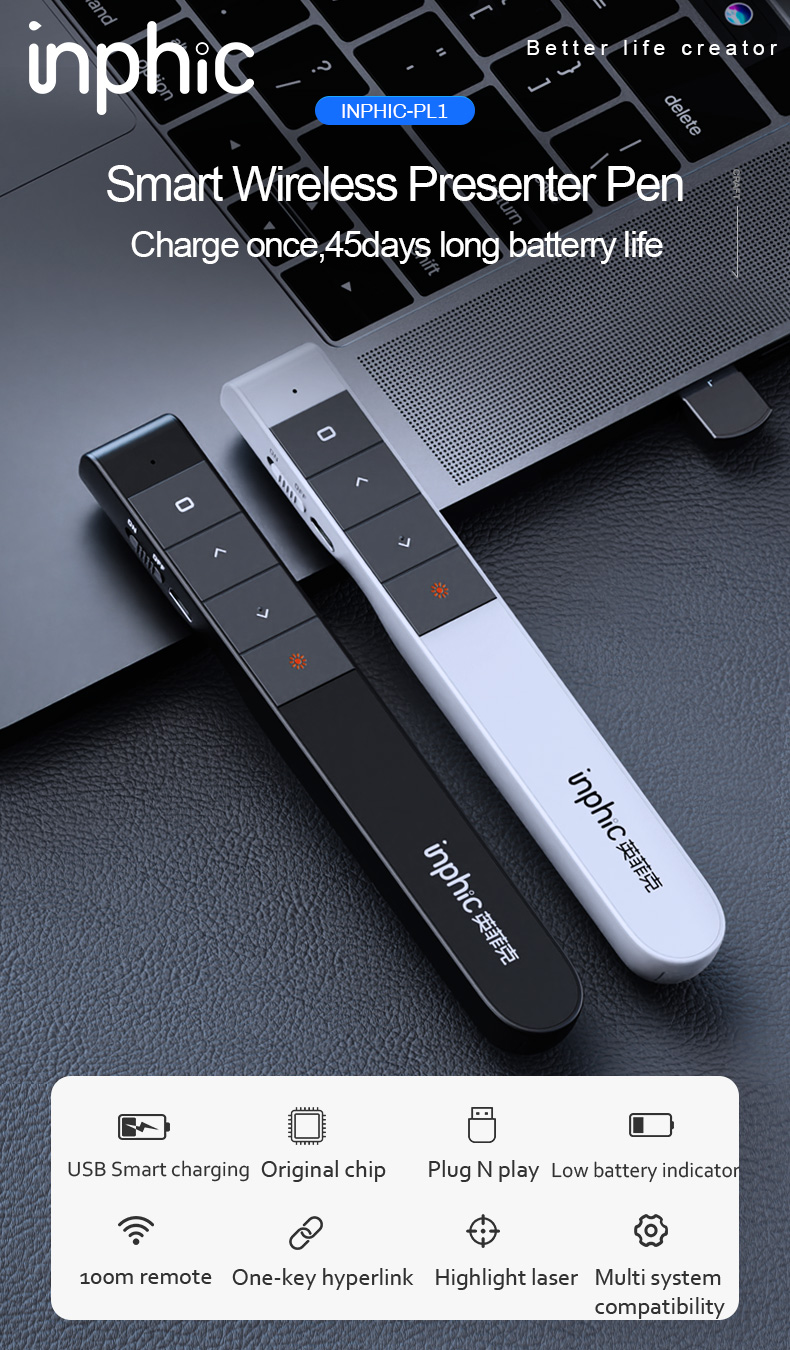 inphic Wireless Presenter Hyperlink Control Presentation Clicker RF 2.4GHz USB PowerPoint ...