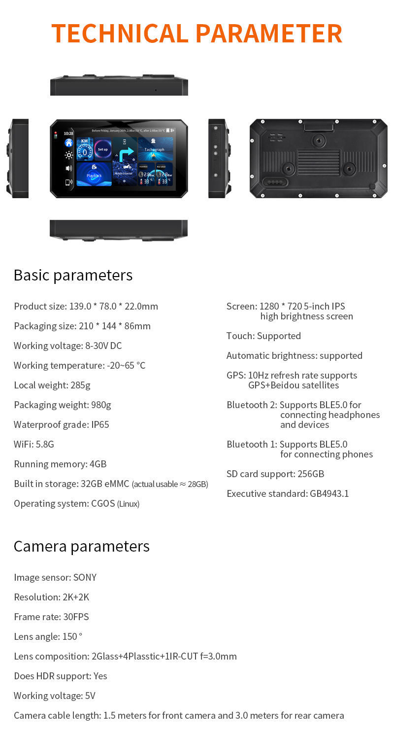 SE90 Motorcycle Recorder/5-inch Screen/2K/Projection Navigation/TPMS/Waterproof/Driving Video ...