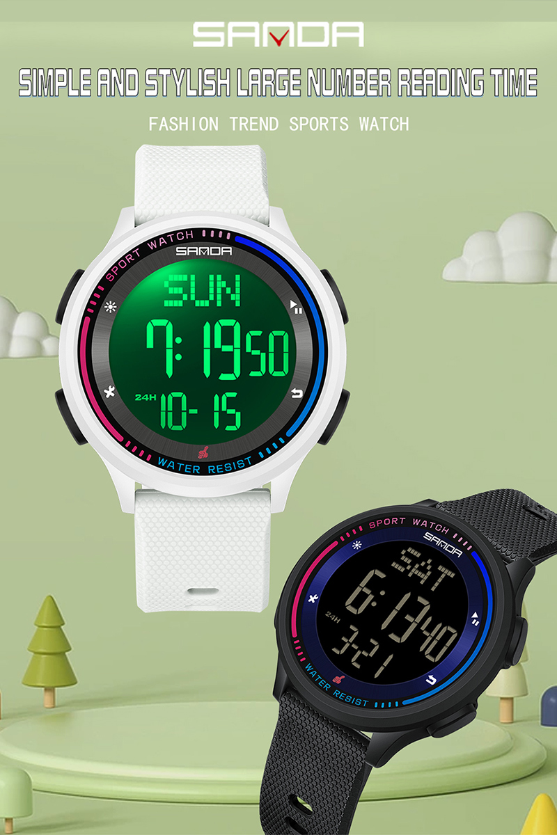 SANDA Colourful Simple Large Screen Fashion Thin Sports LED Watch 6158 ...