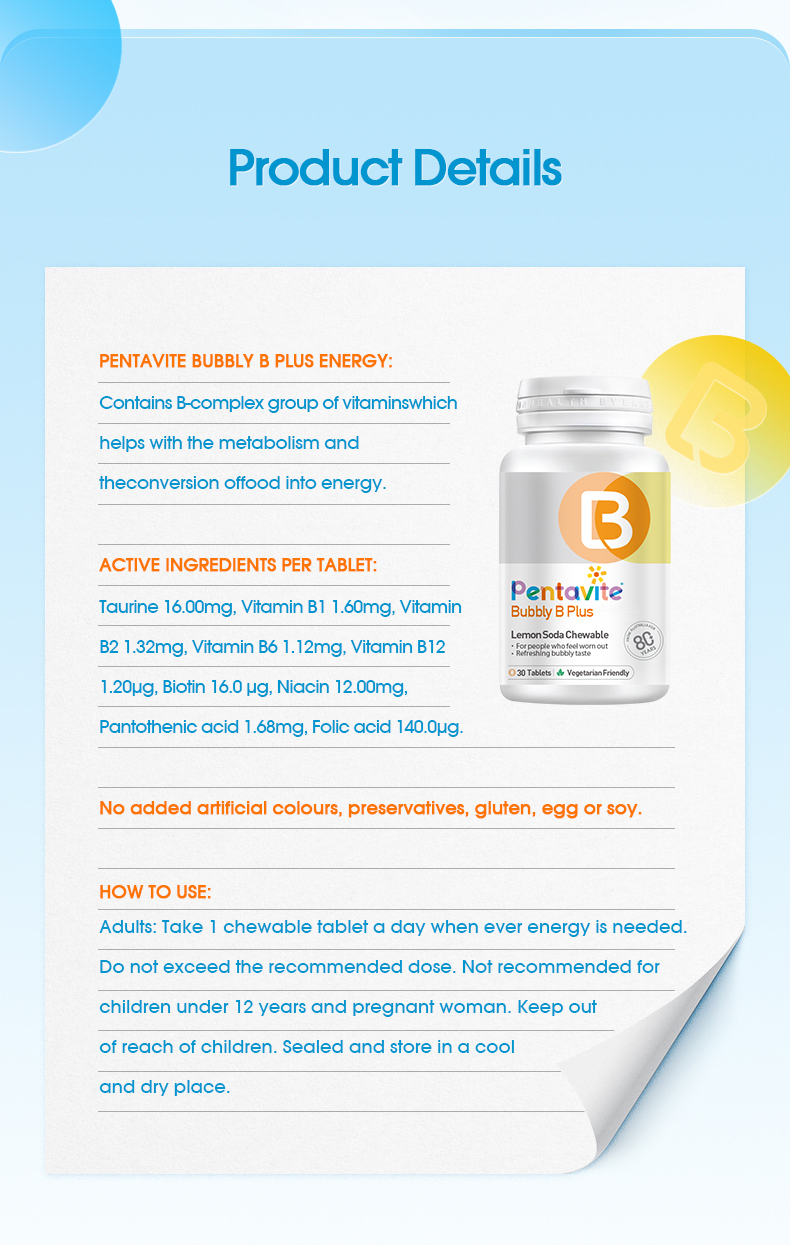 Pentavite Bubbly B Plus Energy Lemon Soda Chewable Vitamin B Complex ...