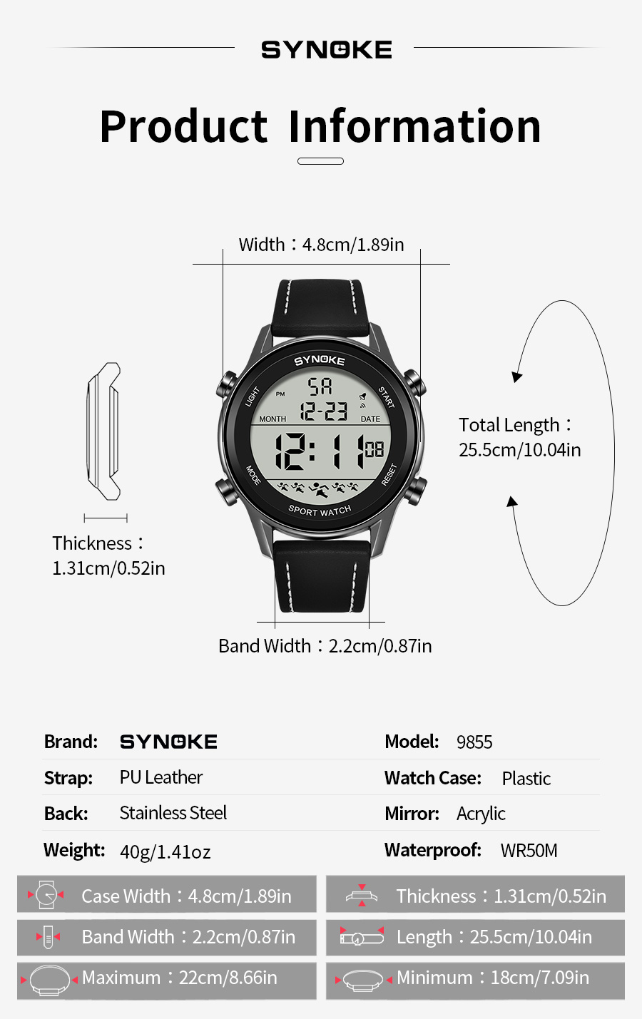 SYNOKE Men Watch Waterproof Sports Digital Watch LED Display Watch ...