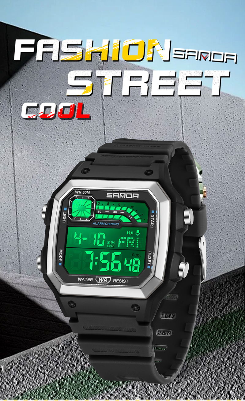 SANDA Small Square Multi-Functional Waterproof Men's Watch 6196 ...