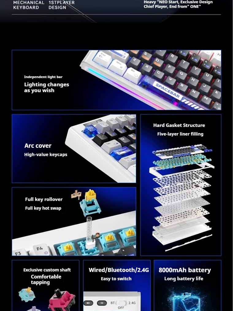 1stplayer NEO87 three mode customized wireless mechanical keyboard ...