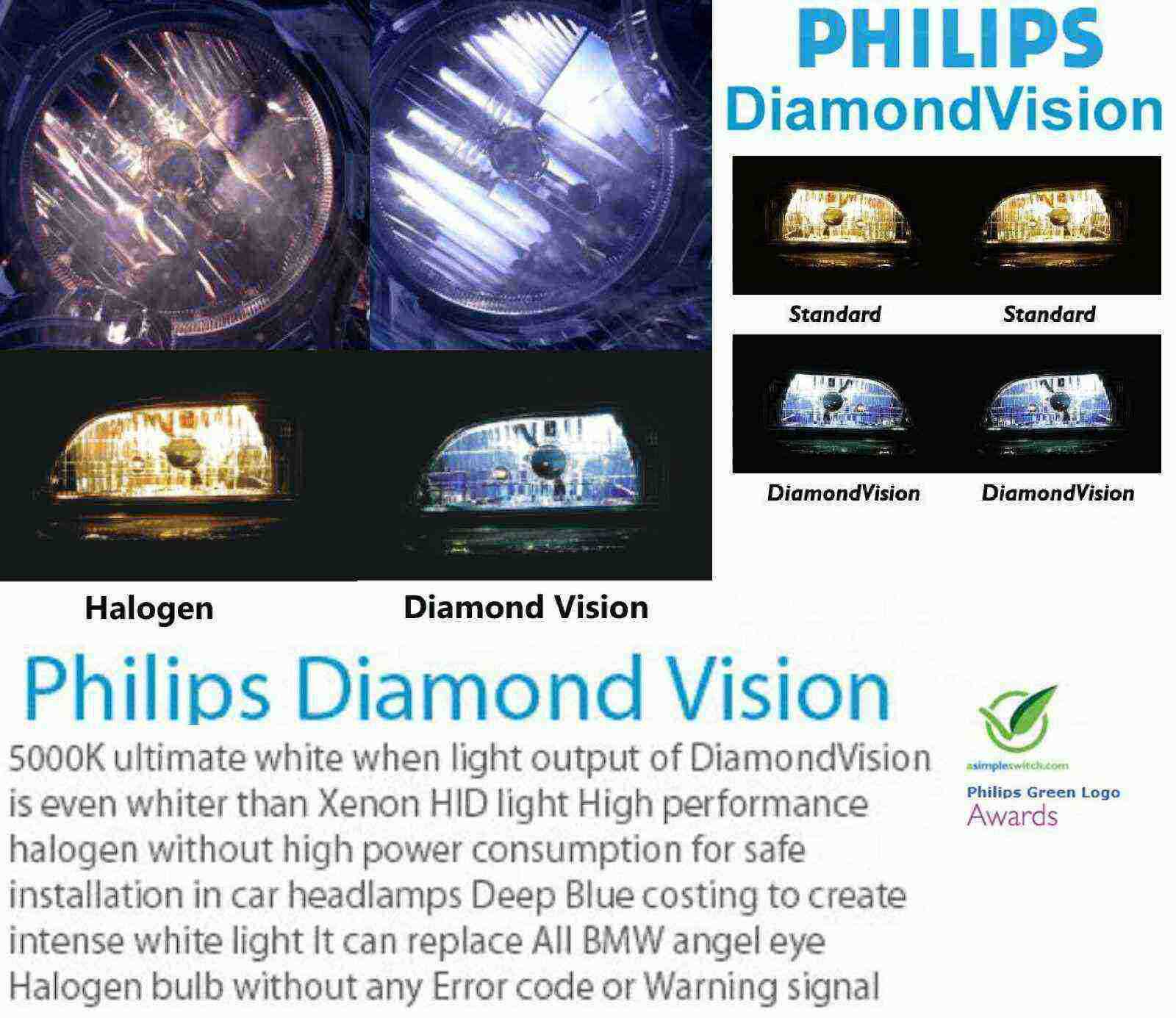 Philips Diamond Vision H1 H3 H4 H7 H8 H11 HB3 HB4 H27/2 12V 55W 5000K ...