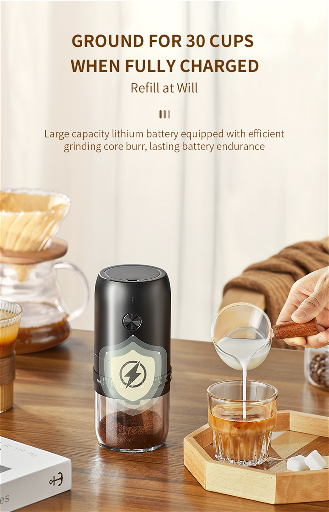 Cliton Electric Coffee Bean Grinder Rechargeable 40 Levels Adjustable ...