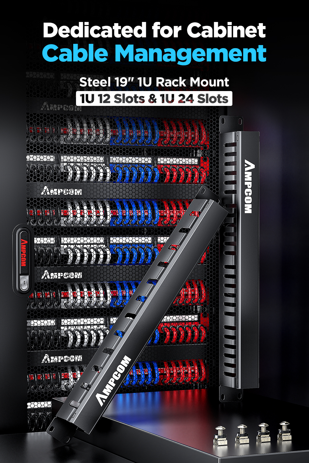 AMPCOM 1U Rack Mount Cable Management 19 inch, 12/24 Slot Metal Finger ...