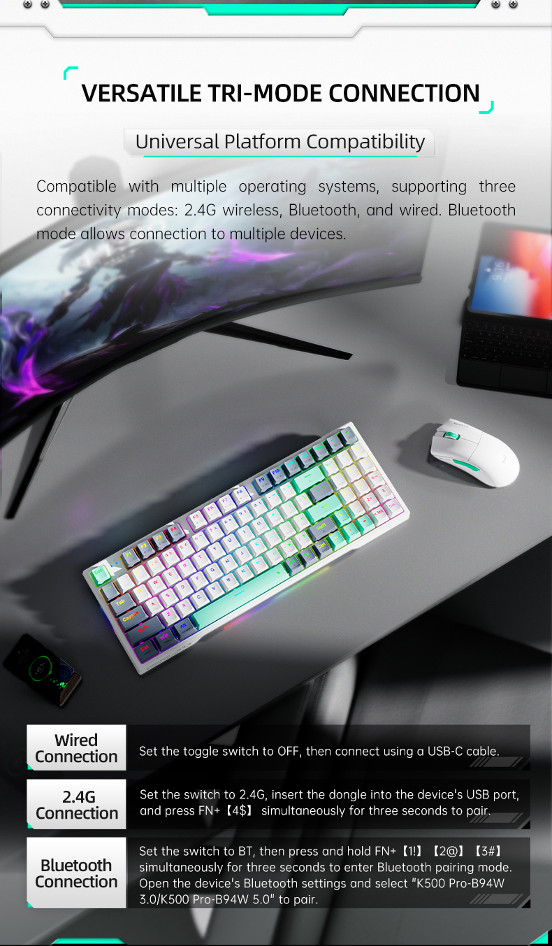 Machenike K500 Pro Gasket Mount Gaming Keyboard, Tri-Mode Wired ...