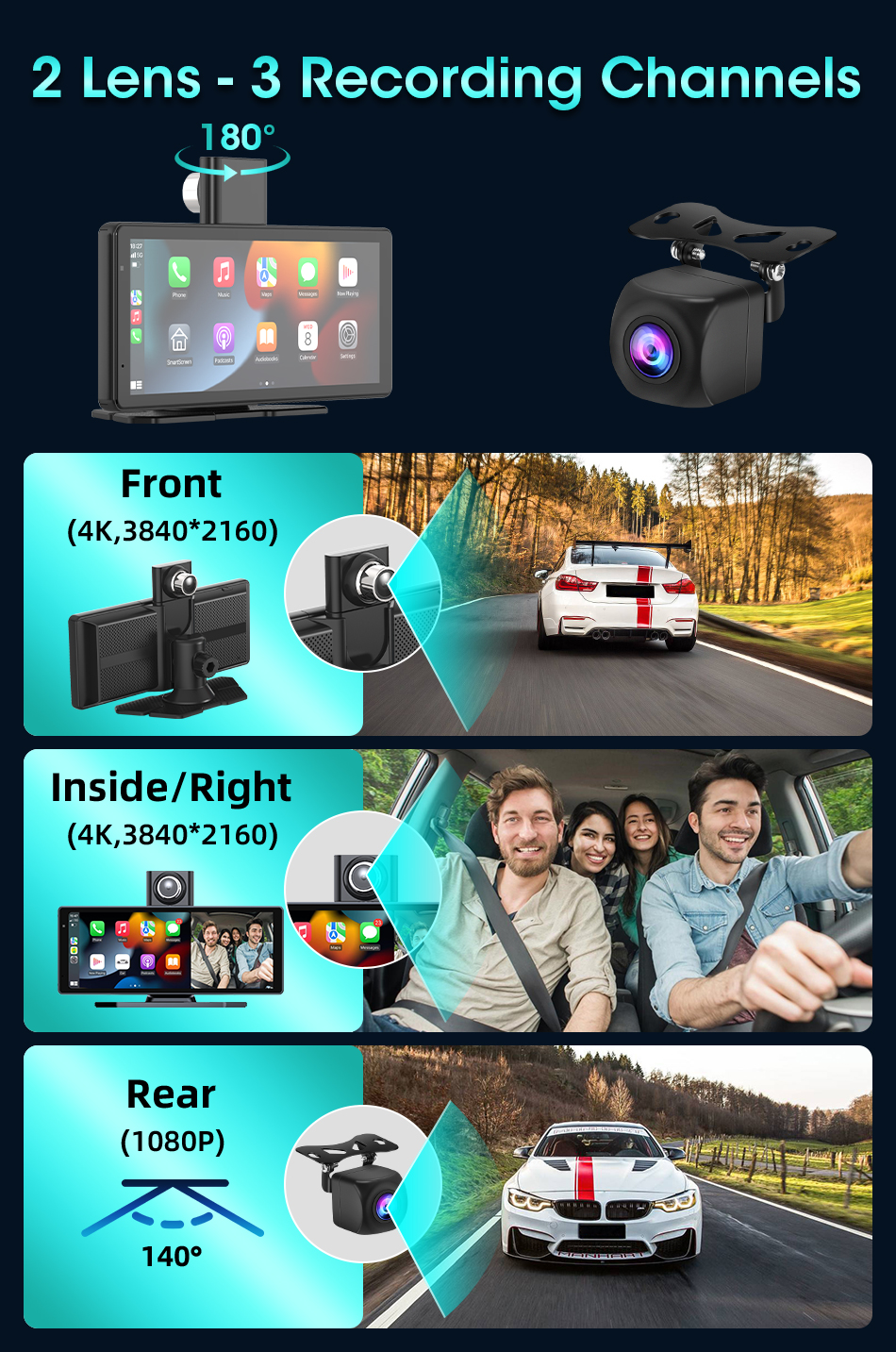 Jansite 8 inch Car DVR Driving Recorder Android Auto Front 2.5K Rear ...