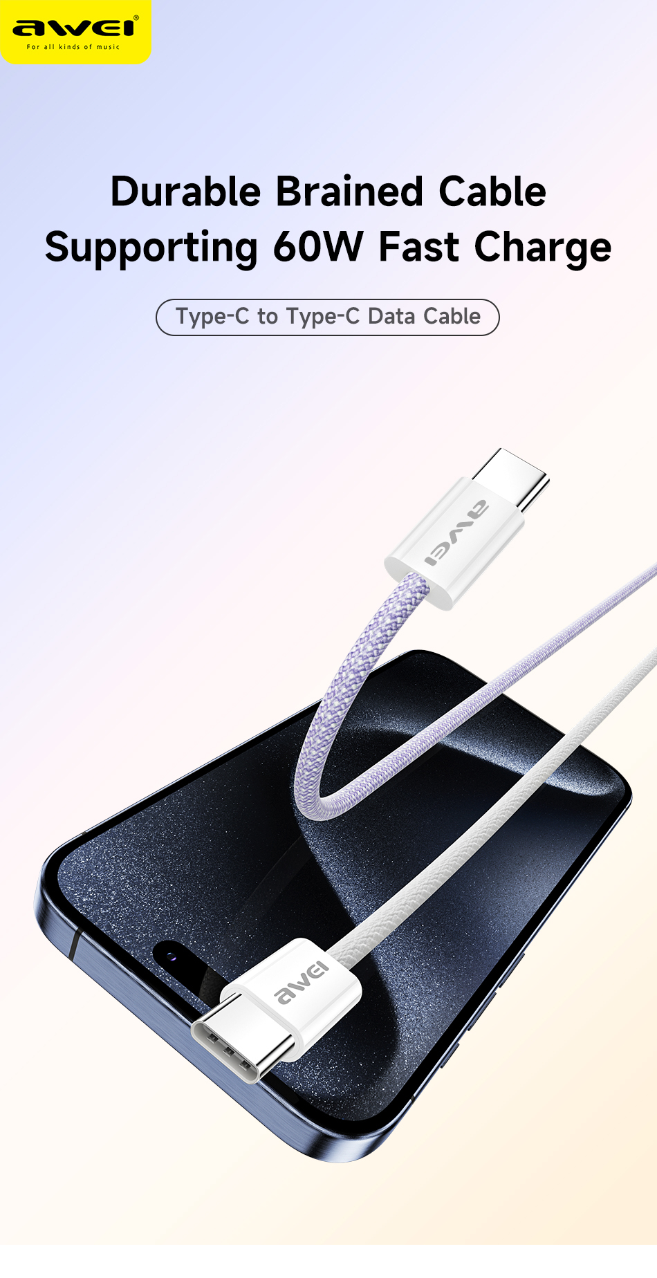 Awei 60W Type C To Type C Fast Charging Cable For iPhone 15 Pro Max 3A ...