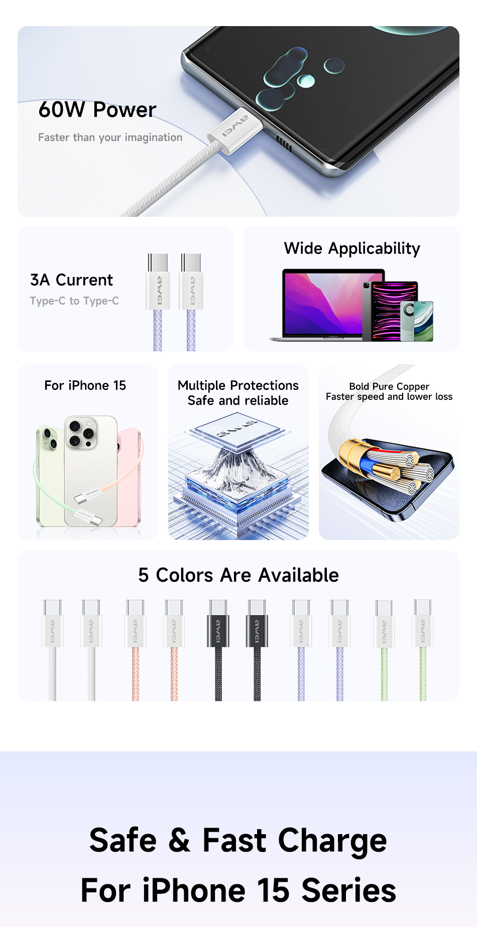 Awei 60W Type C To Type C Fast Charging Cable For iPhone 15 Pro Max 3A ...