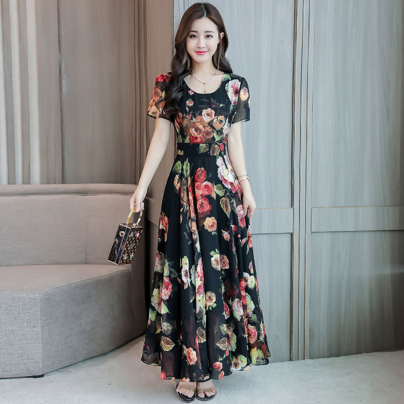 4XL Fashion Women's Maxi Thin Dress Short Sleeve Rouned O Neck Floral ...
