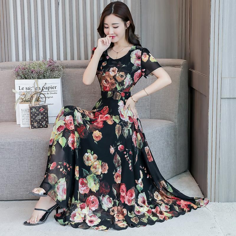 4XL Fashion Women's Maxi Thin Dress Short Sleeve Rouned O Neck Floral ...