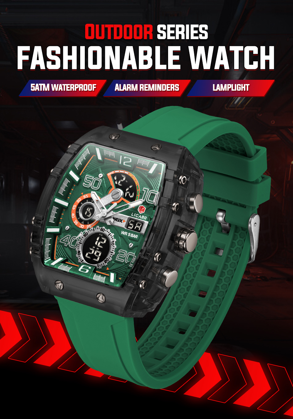 LICARR Brand Fashion Men's Watch Double Display Waterproof Trend ...