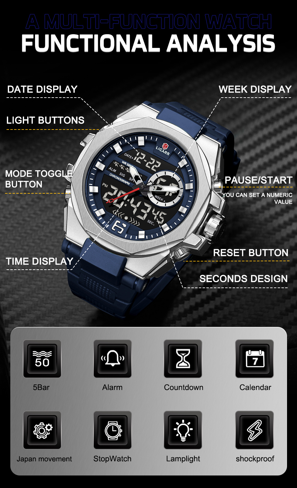 LICARR Trend Original Brand Watch Dual Display Waterproof Sports Fashion Men's Watch Alarm Clock ...