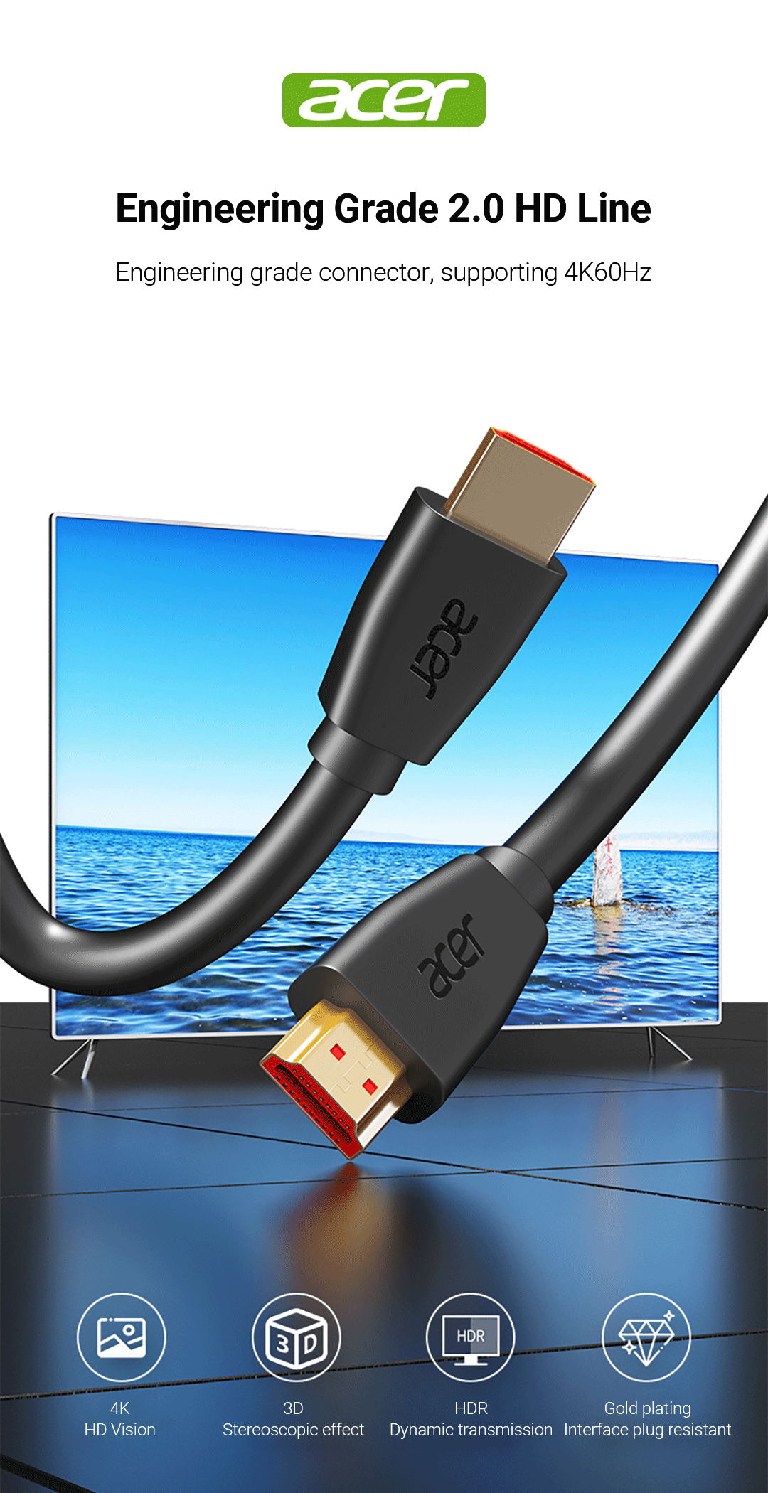 Acer, HDMI cable, HD 4k, 60hz, 1.5m, 2m, 3m, 5m interfaces, gold ...