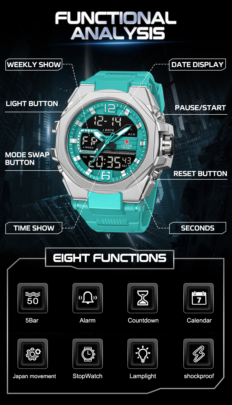 LICARR Top Brand Watch Dual Display Original Waterproof Sports Men's Watch Alarm Clock Luminous ...