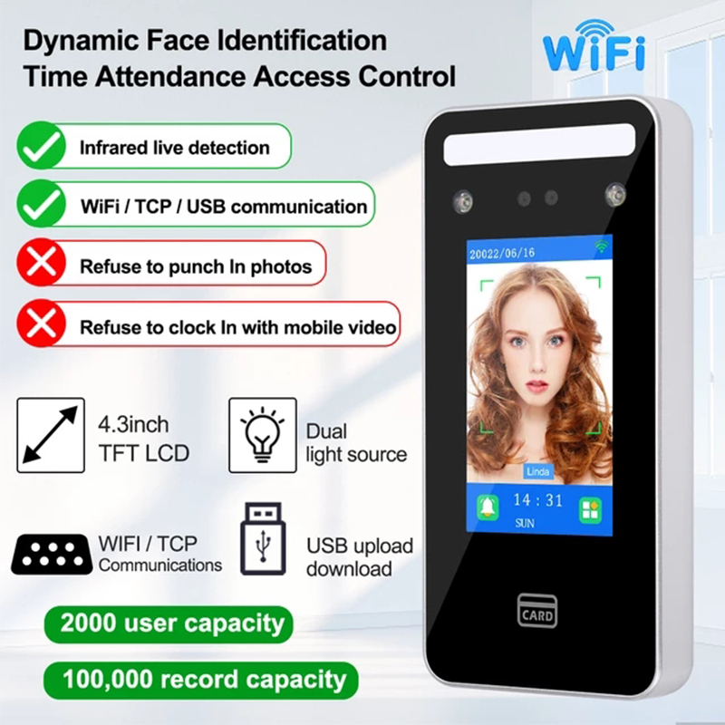 WIFI Dynamic Face Recognition Access Control System RFID Card Facial Biometric Time Attendance ...