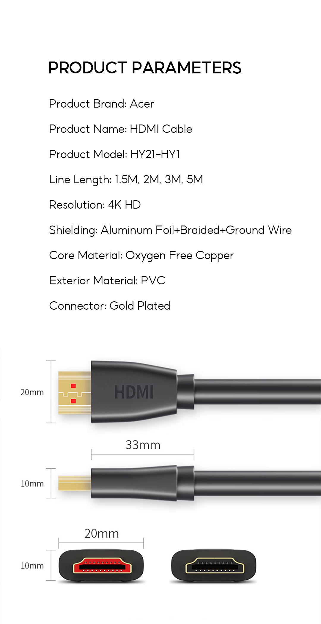 Acer, HDMI cable, HD 4k, 60hz, 1.5m, 2m, 3m, 5m interfaces, gold ...