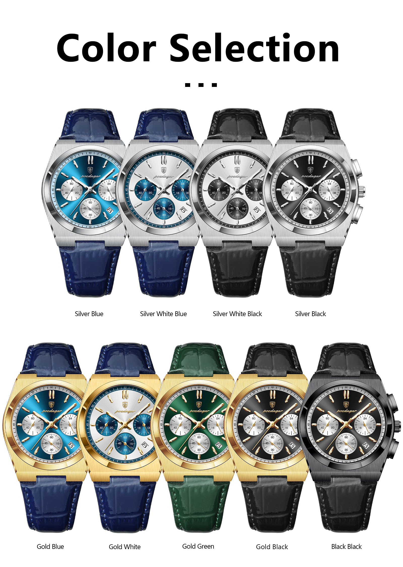 POEDAGAR Genuine Men's Watch Leather Strap Luminous Calendar Waterproof ...