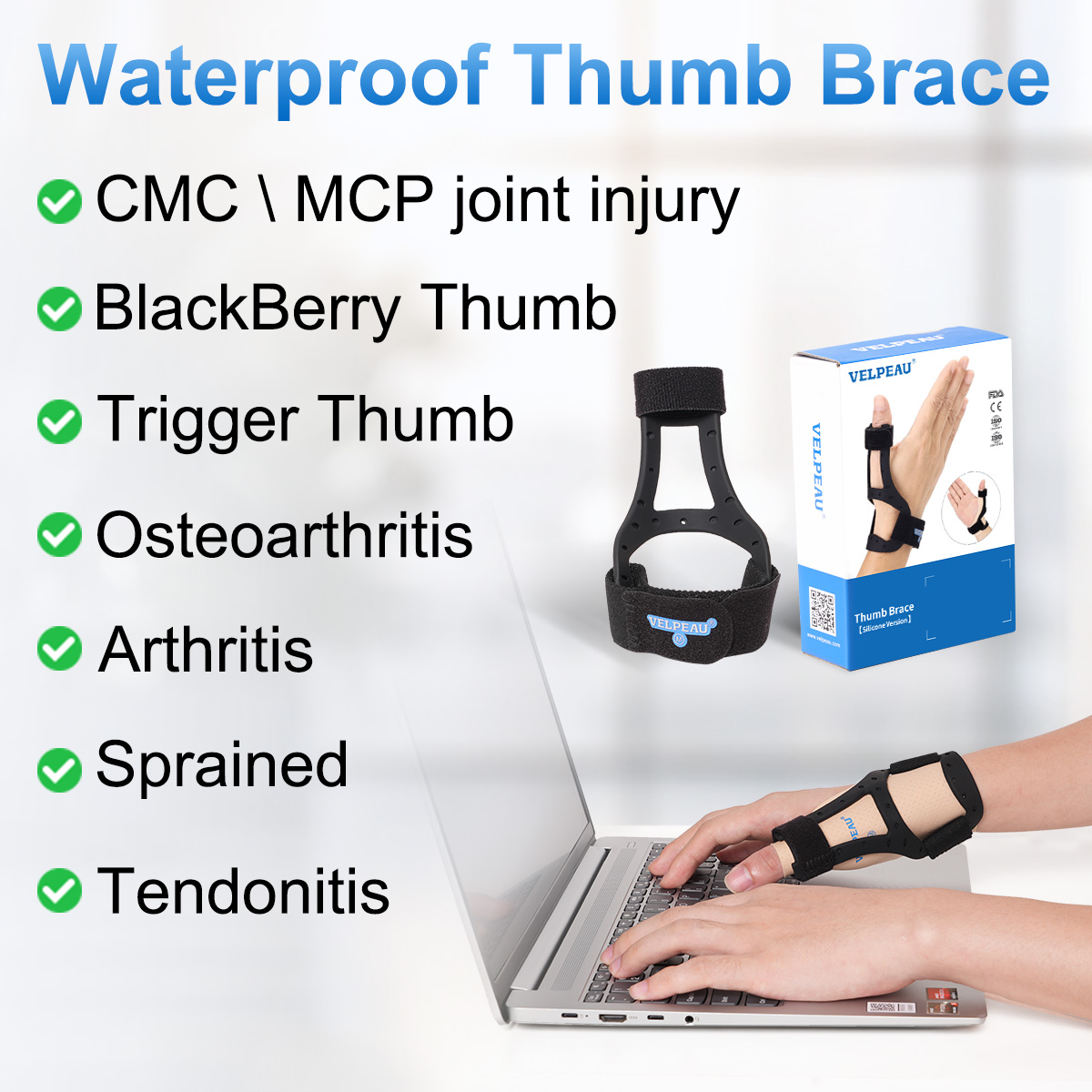 VELPEAU Silicone Thumb Support Brace -Waterproof Semi-rigid Stabilizer ...