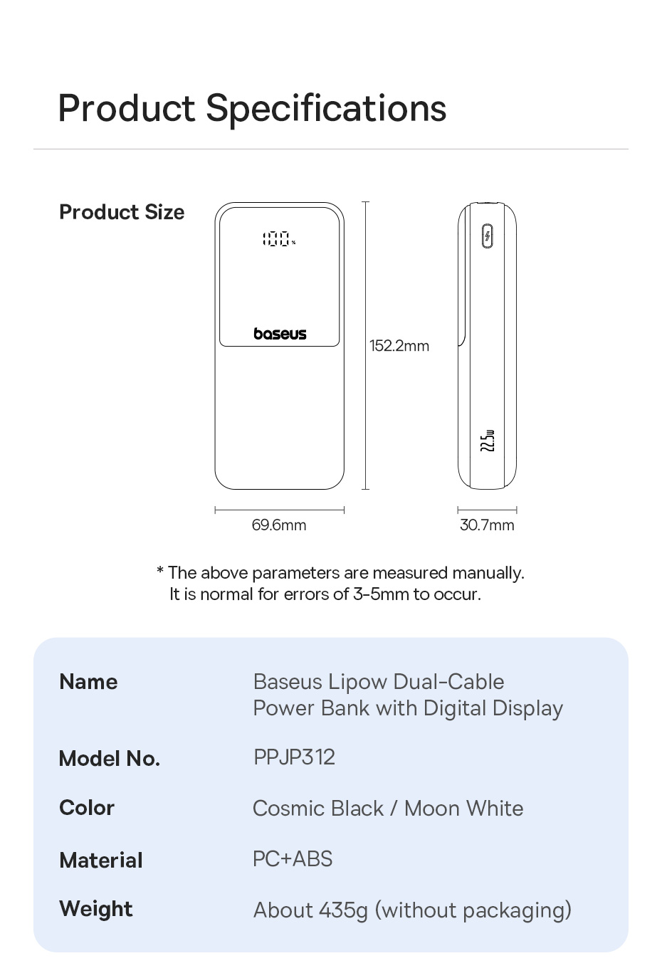 Baseus Lipow Dual-Cable Power Bank 20000mAh 22.5W Digital Display With ...