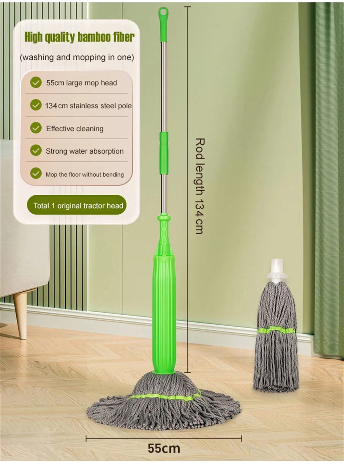 55CM Big Mop Effective Water Absorption Bamboo Fiber Self Twisting ...