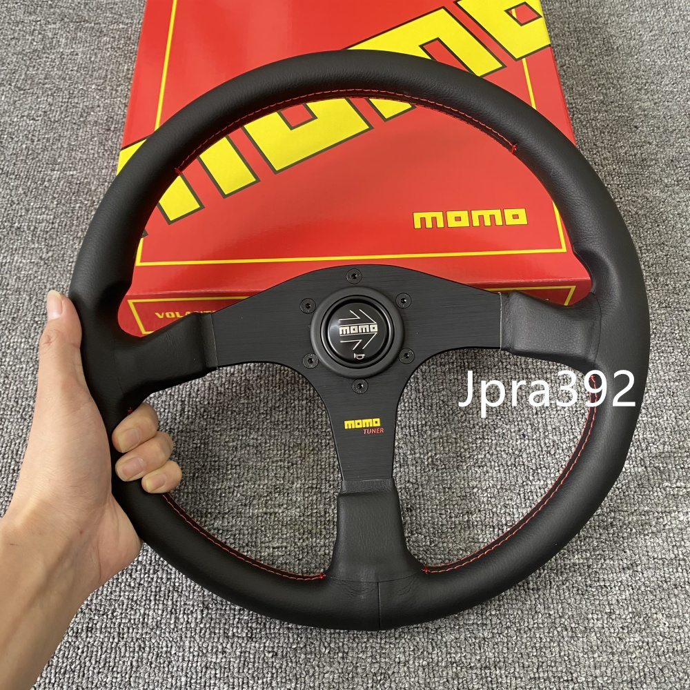 Momo tuner 340mm leather red stitched steering wheel with momo horn ...
