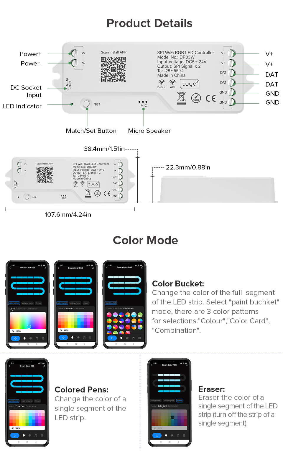 BTF-LIGHTING Tuya WiFi RGB IC LED controller 2.4G RF Remote Control Smart Life APP Amazon alexa ...