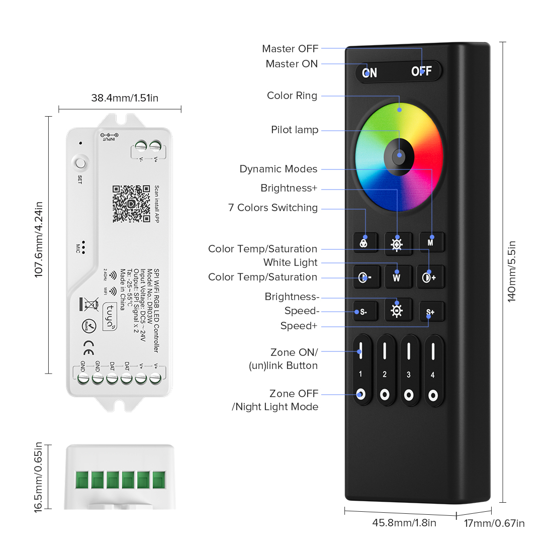 BTF-LIGHTING Tuya WiFi RGB IC LED controller 2.4G RF Remote Control ...