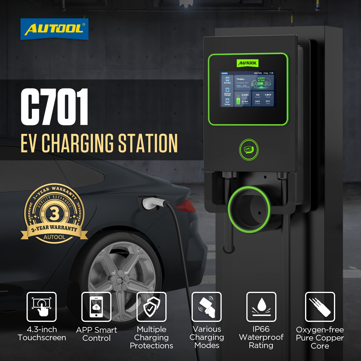 AUTOOL C701 Smart EV Charger 8M Charging Cable Fast Charging Station ...