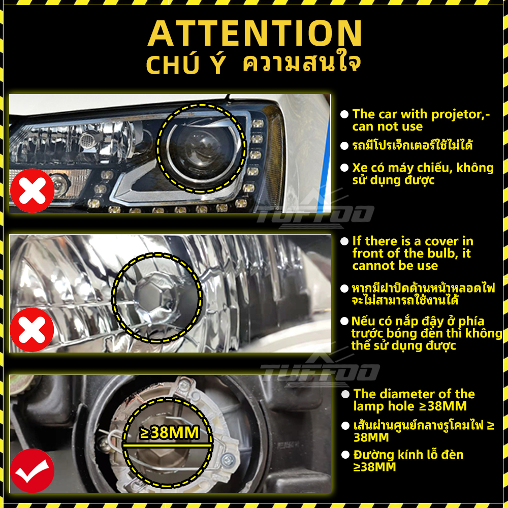 TUFFOO 2 Pcs P60 Mini H4 Bi LED Projector Headlight For Car 130W 30000LM - 6000K White / 4300K ...