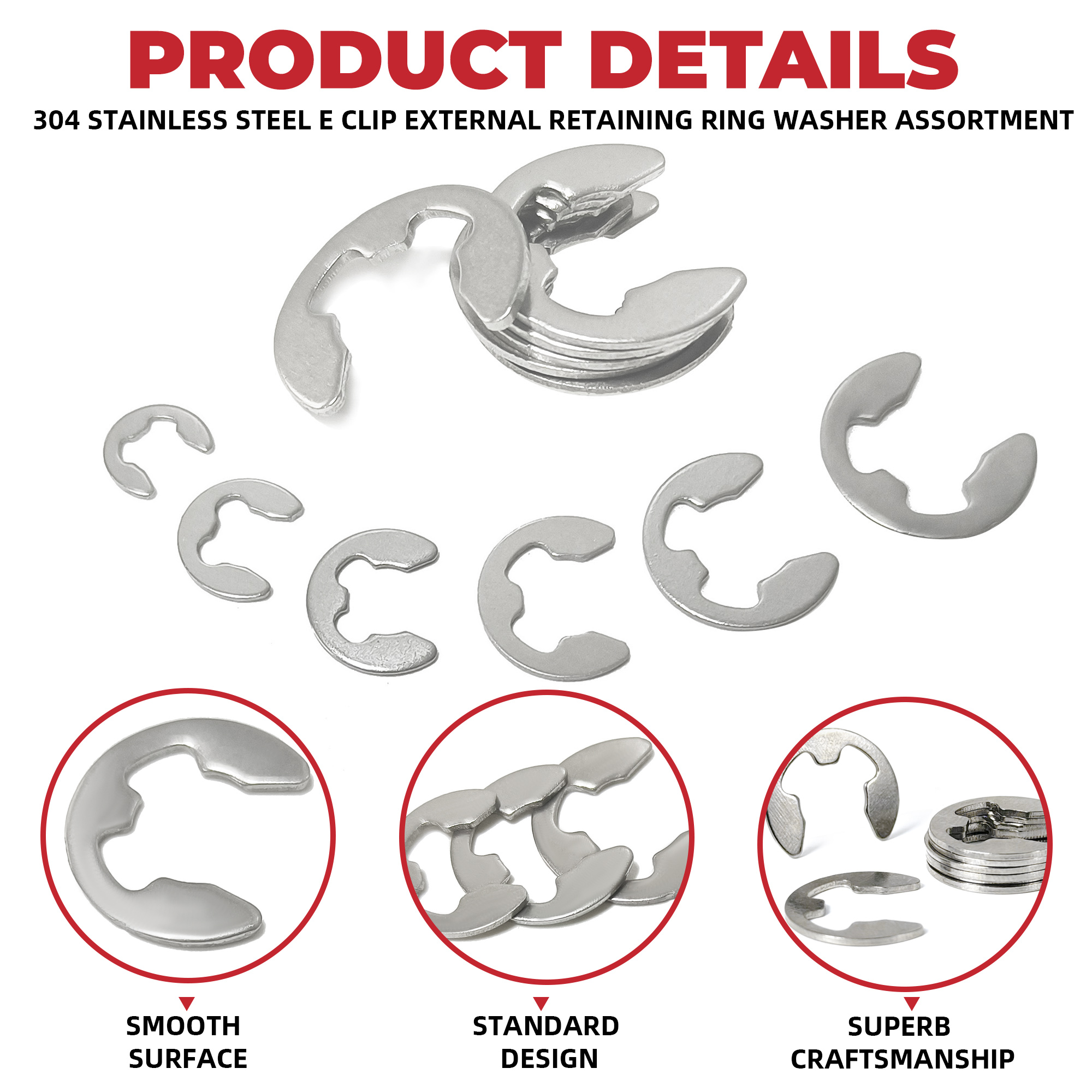 200pcs Stainless Steel Circlip Retaining Ring Clips - External Washers ...
