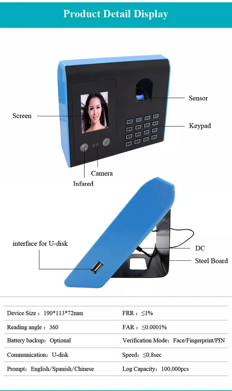 AF01 Biometric Face Facial Fingerprint Recognition Time Attendance No ...