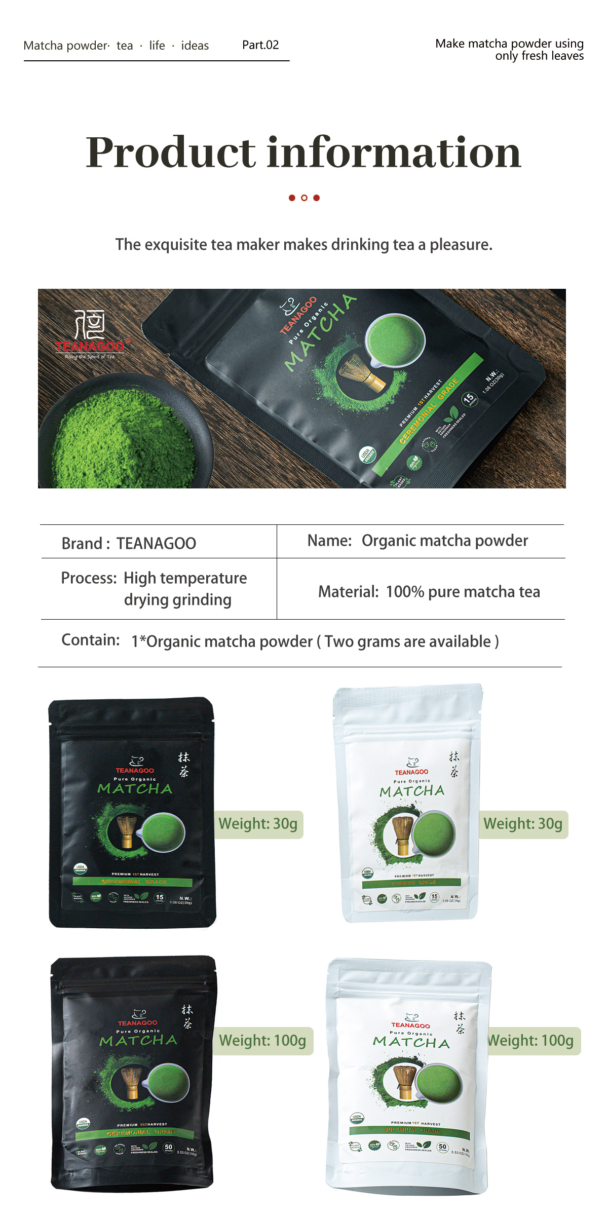 TEANAGOO Matcha Powder Ceremony Grade 100% natural matcha tea first pick 30g/100g（2025.01 Leave ...