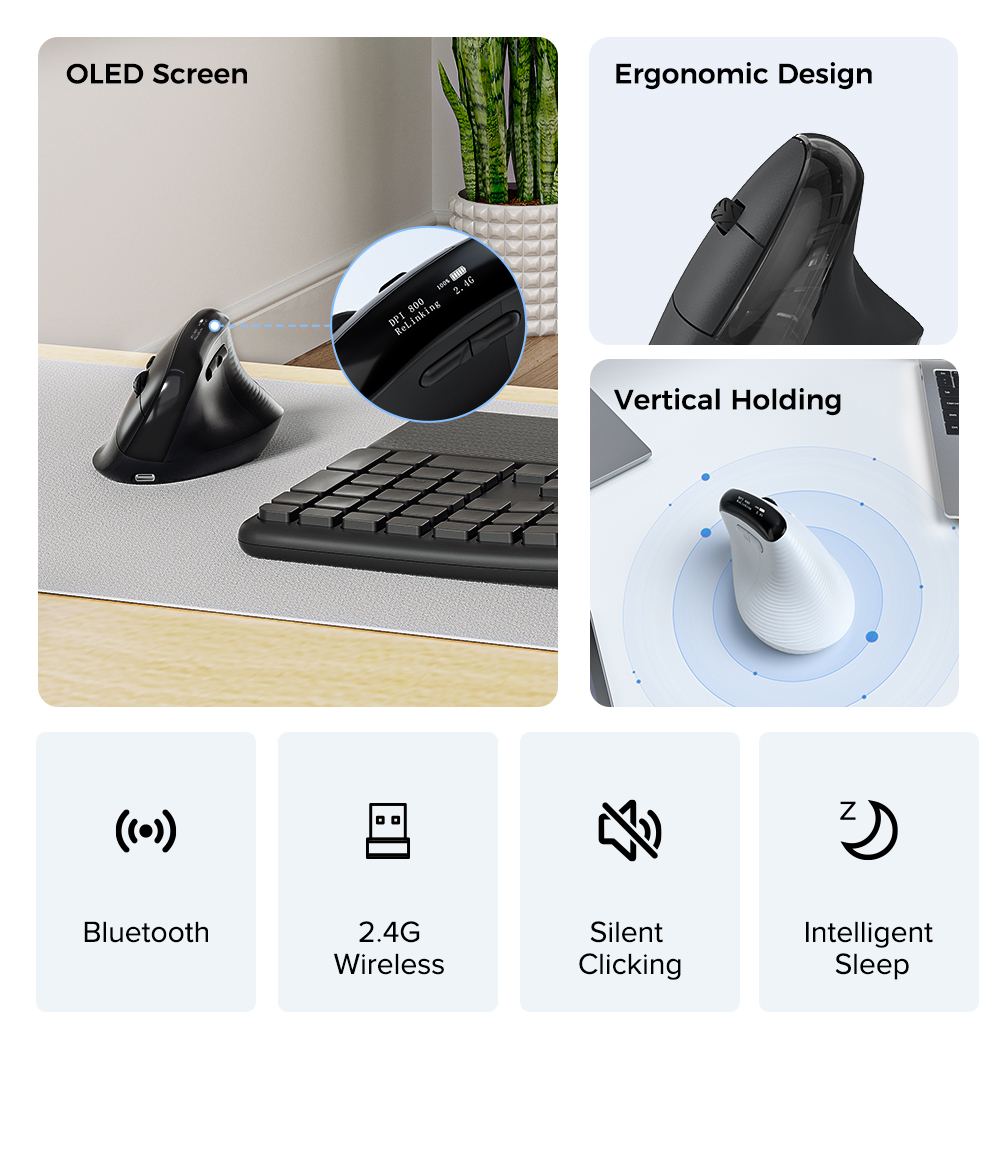 KYSONA EM11 Pro Ergonomic Wireless Mouse Vertical Design OLED Screen of ...