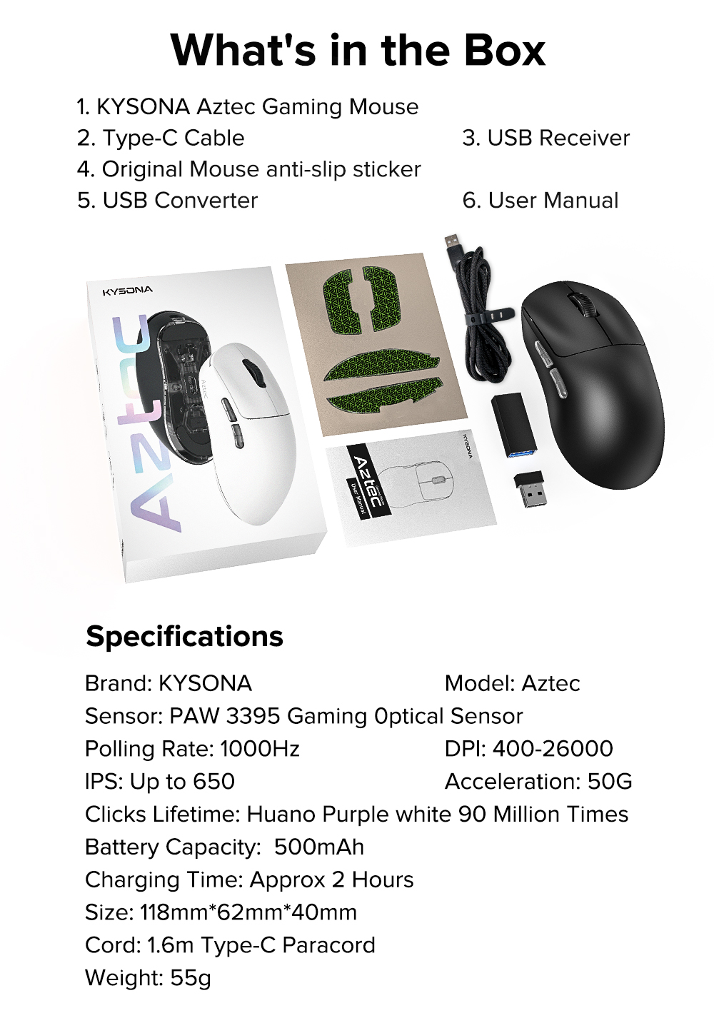 KYSONA Aztec Gaming Mouse Wireless Ultra-Lightweight 55g PAW3395 Sensor ...