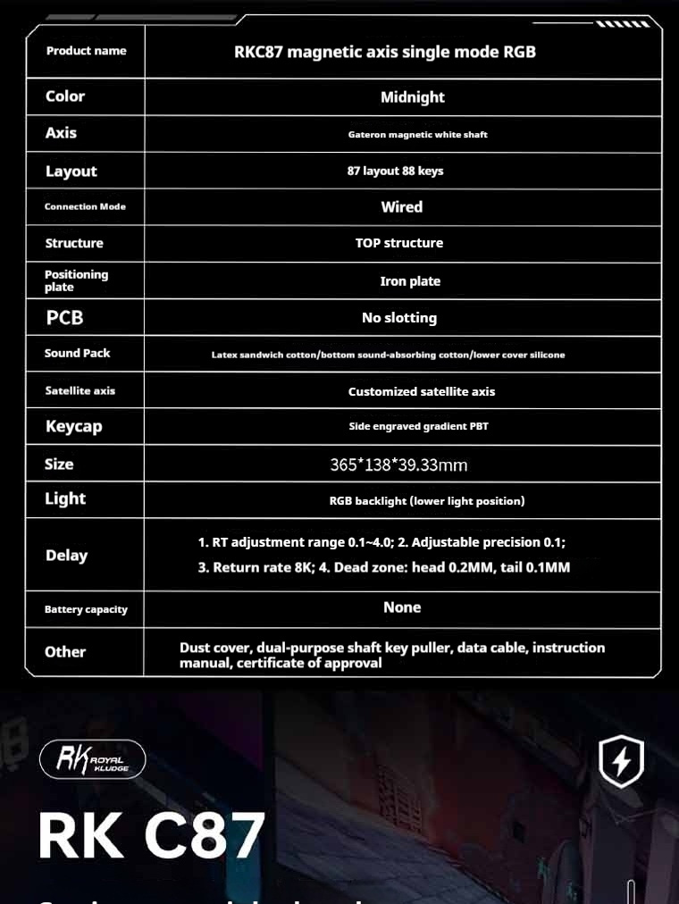RK ROYAL KLUDGE C87 wired esports magnetic white axis magnetic keyboard, 8k return rate, RT ...
