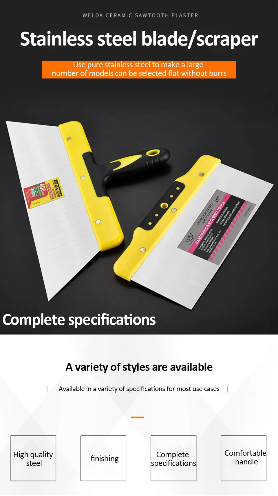 Stainless Steel Spatula/Scraper 4-16 Inch Plaster Shovel Putty Scraper ...
