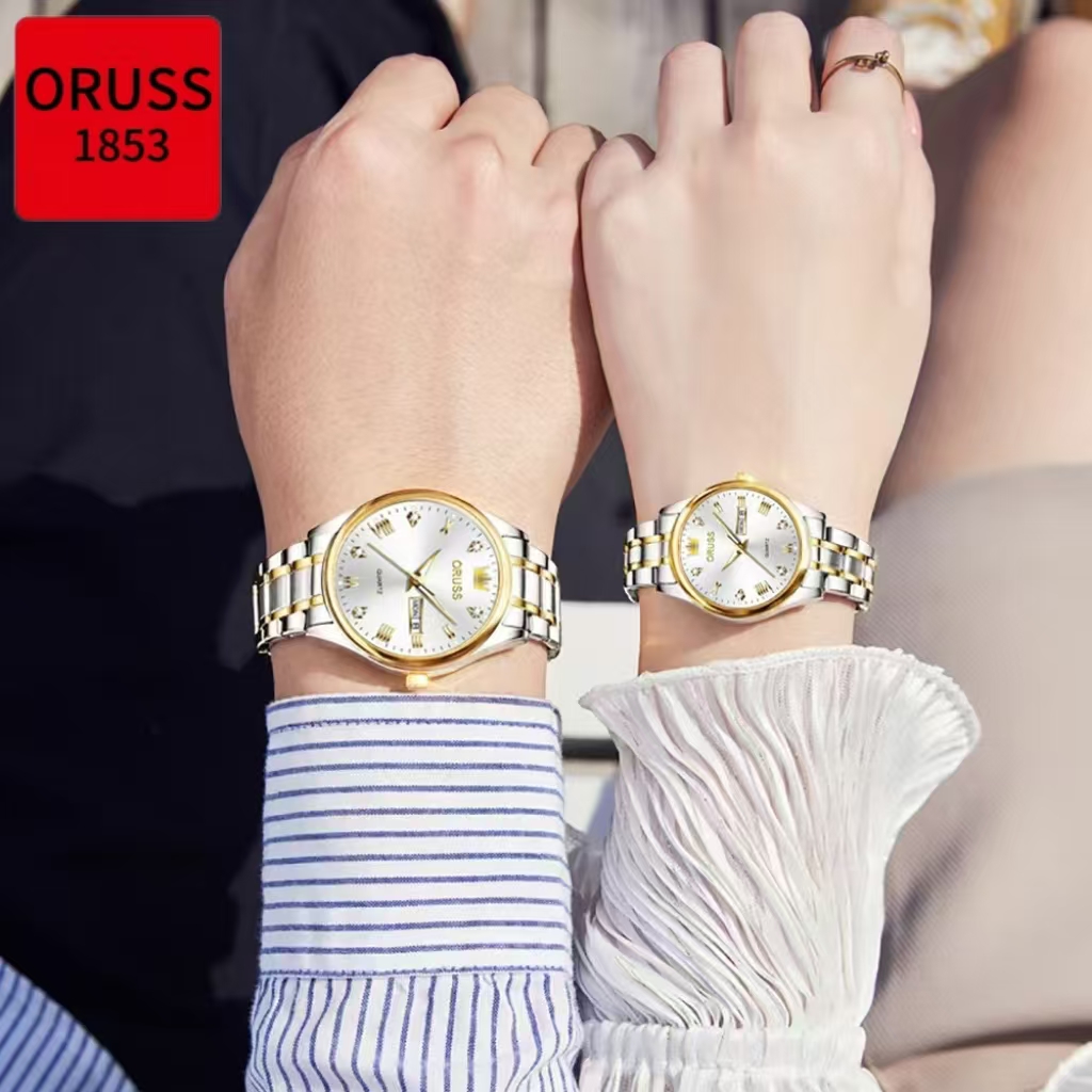 ORUSS 2 Pcs Original Brand Couple Luxury Stainless Steel Dual Calendar ...