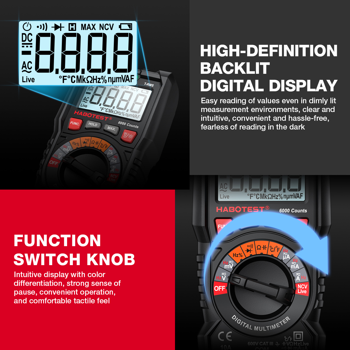 HABOTEST HT113 Series Digital Multimeter 600V AC/DC True-RMS Autorange ...