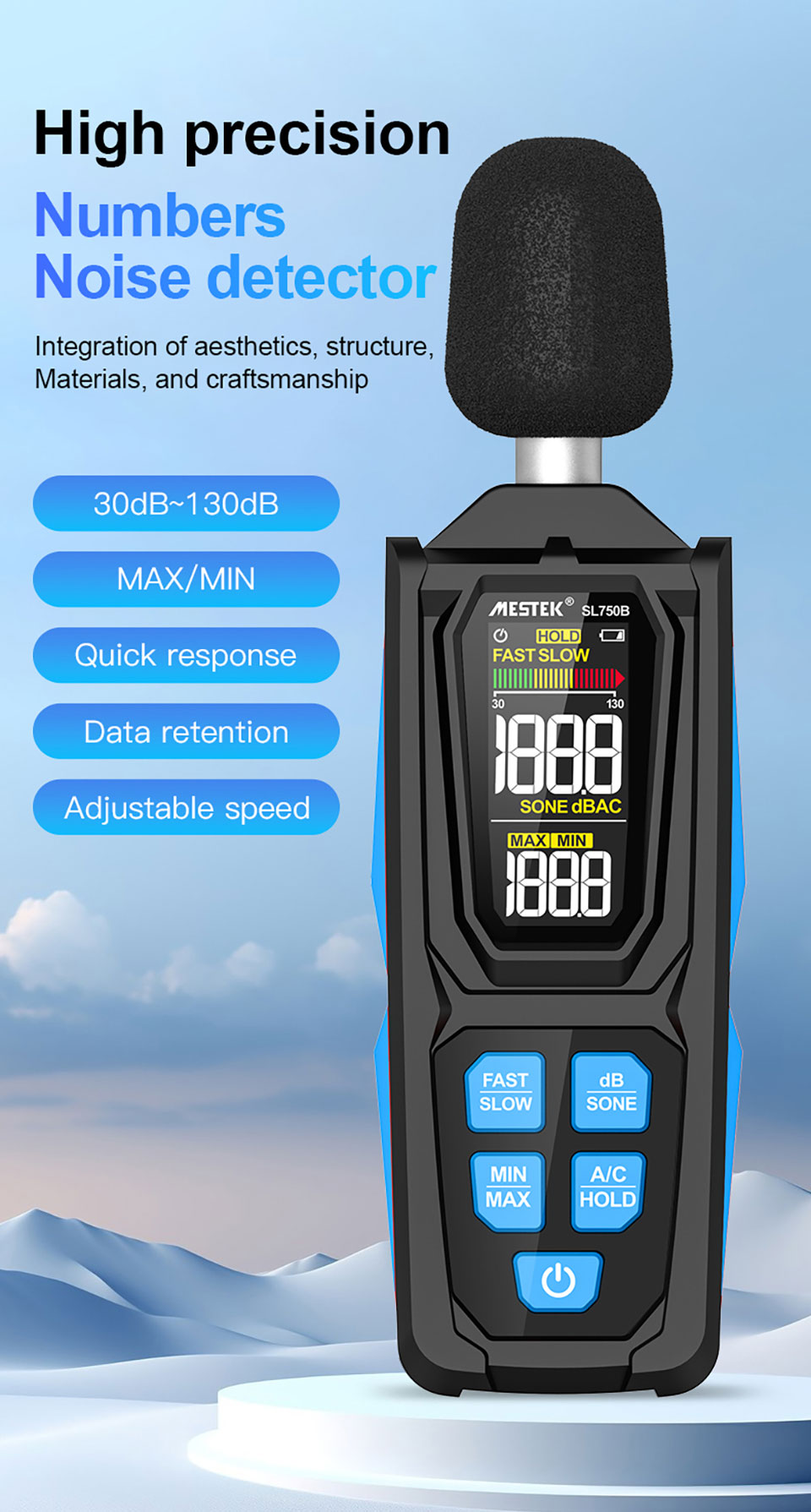 30-130dB Digital Noise Meter Fast/Slow Adjustable Handheld Sound Level ...