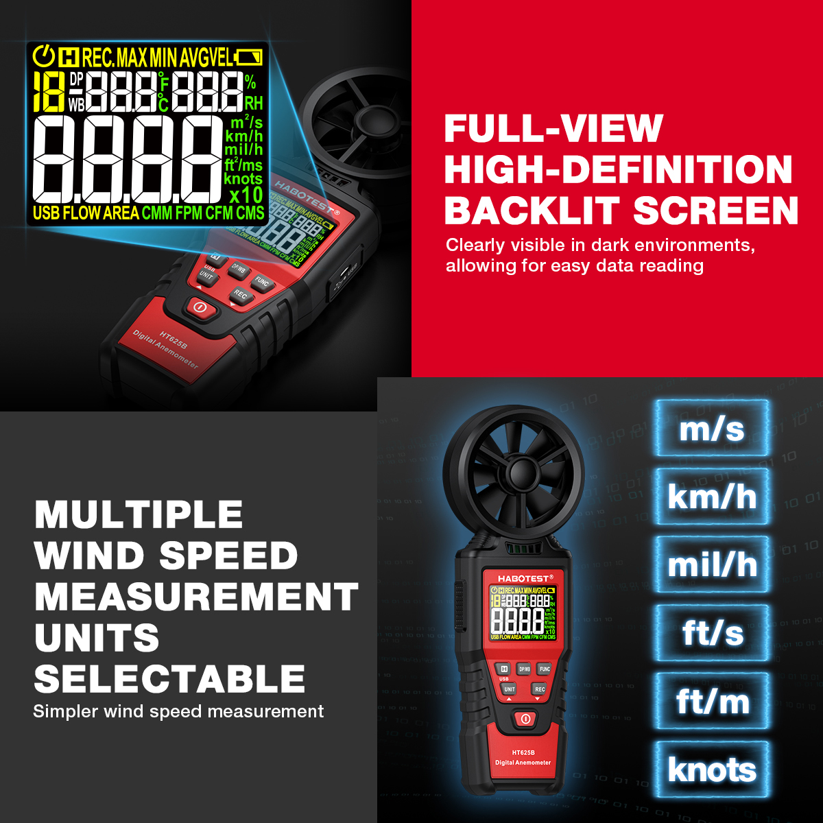 HABOTEST HT625 Digital Anemometers Wind Speed Gauge Meter Air Volume ...