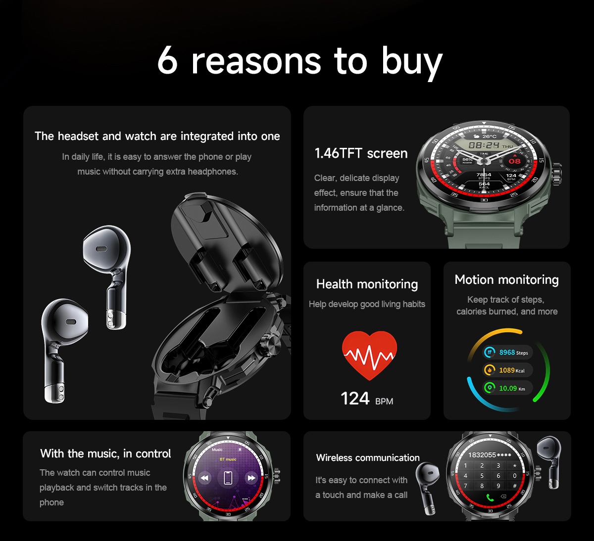 Smart Watch TWS 2-in-1 Headset Bluetooth Talk Heart Rate Blood Pressure Health Monitoring ...