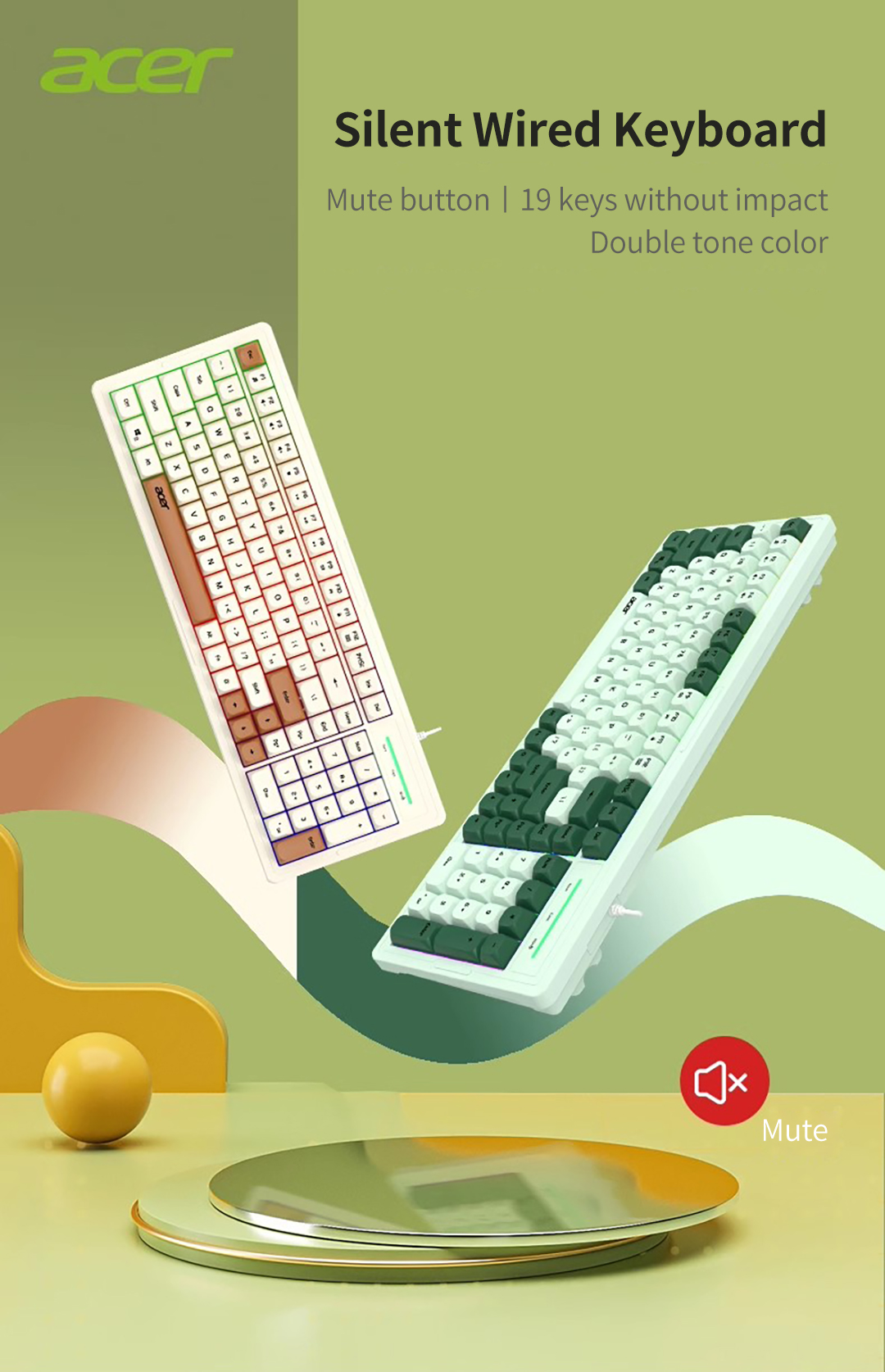 Acer OKB030 Wired Keyboard With RGB Lighting Effect Silent Office ...