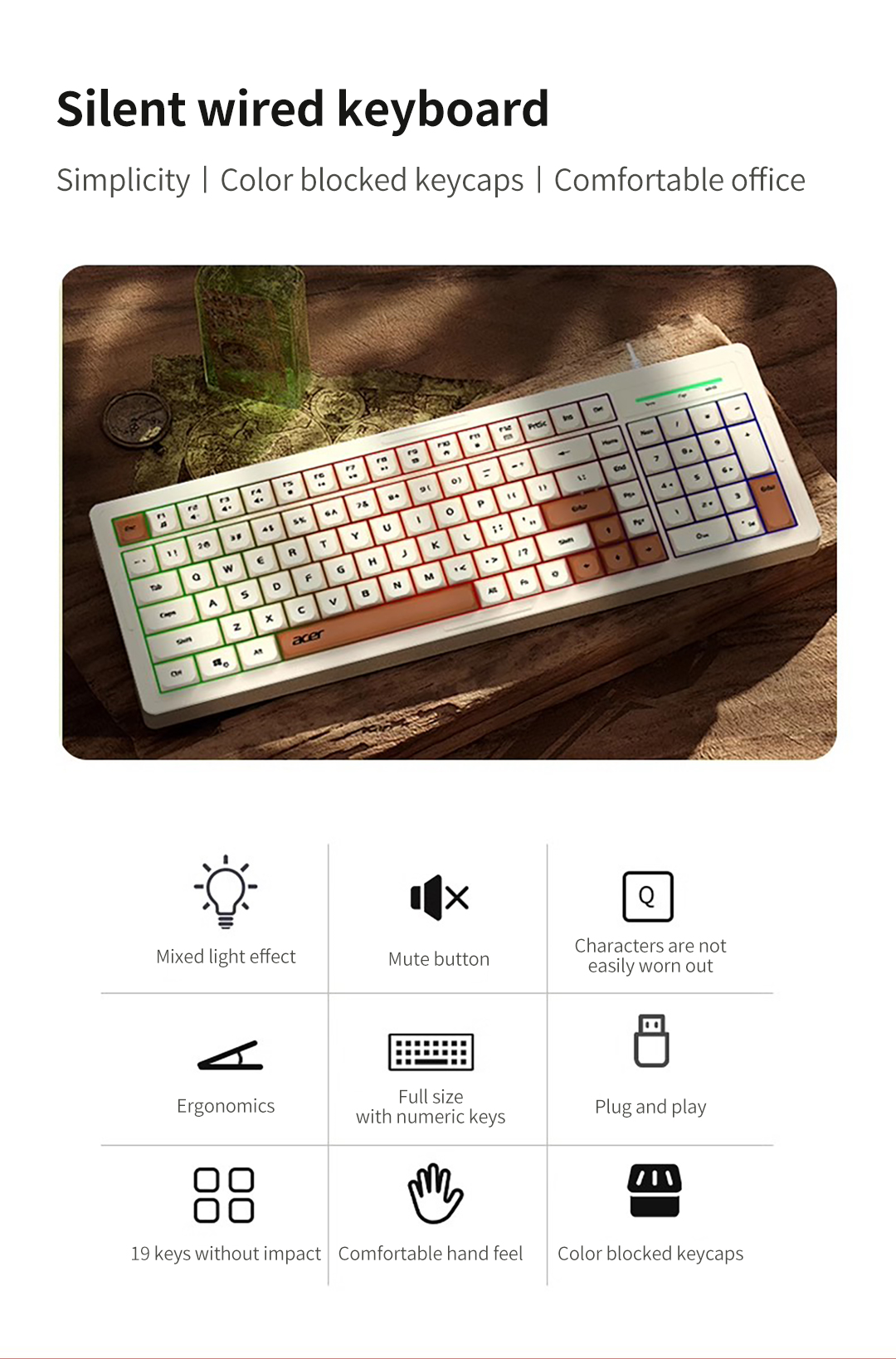 Acer OKB030 Wired Keyboard With RGB Lighting Effect Silent Office ...