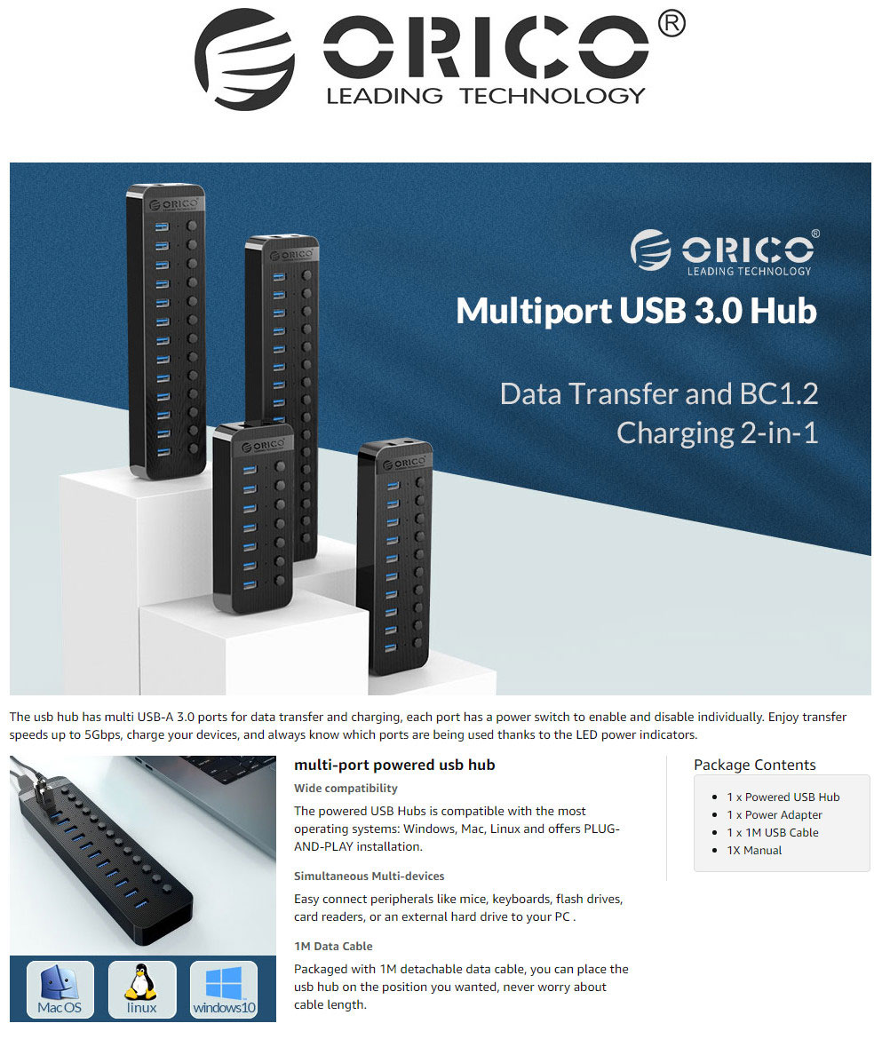 ORICO USB Hub with Power Adapter USB3.0 HUB 7Ports ABS USB OTG Splitter ...