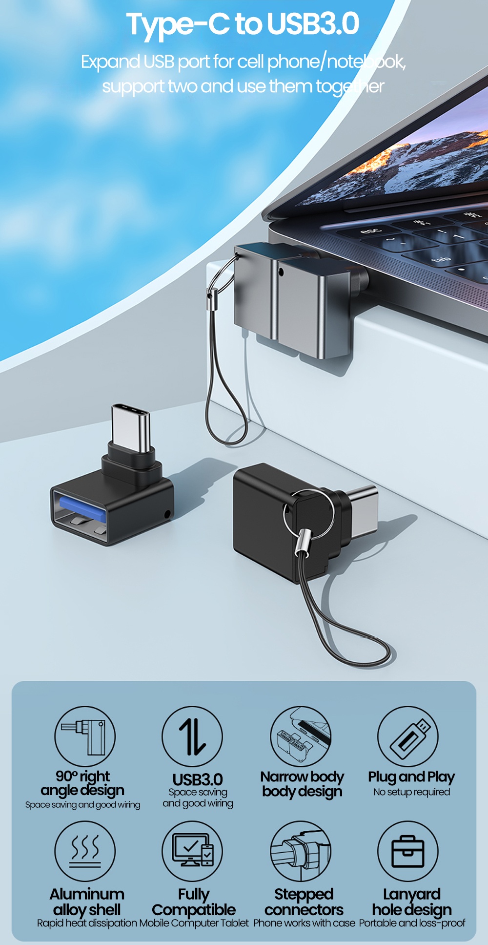 90 Degrees Right Angled Type C Male To USB 3.0 Female Converter OTG ...