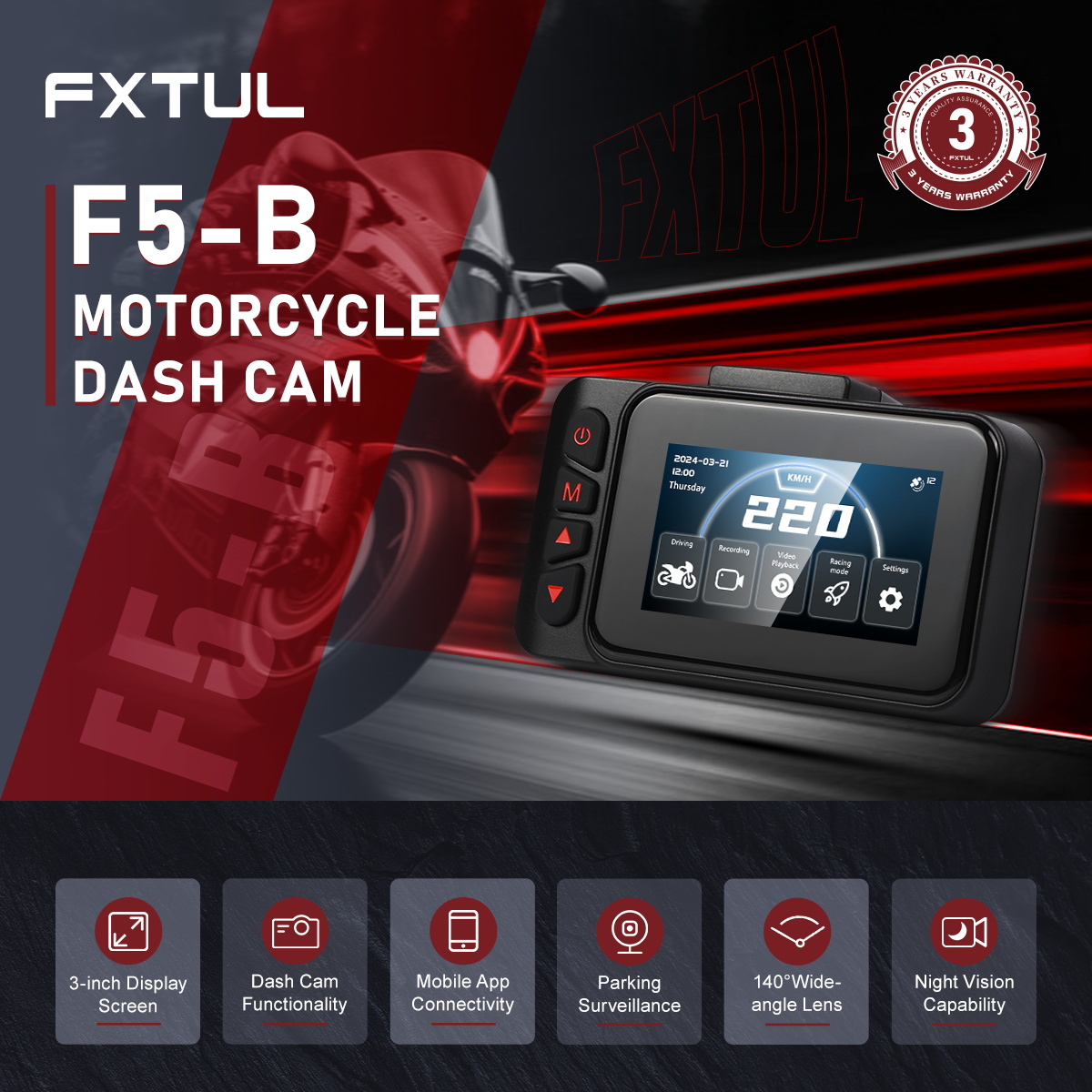 FXTUL F5 Motorcycle Dash Cam Tire Pressure Monitoring System 140° Wide ...