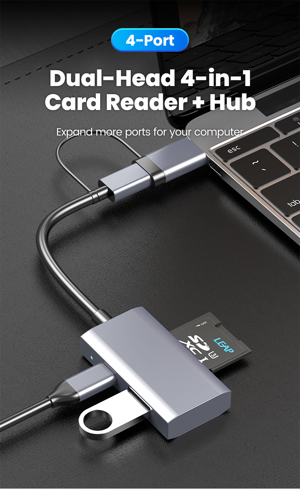 Dual Head 4 In 1 USB Type C Card Reader+Hub USB3.0 5Gbps High Speed USB ...