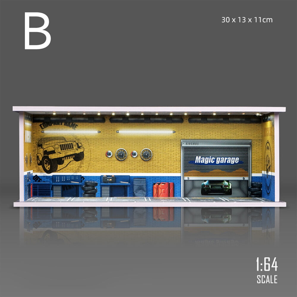 Diorama 1/64 Car Garage Model City Parking Lot Model LED Lighting Maintenance Workshop ...